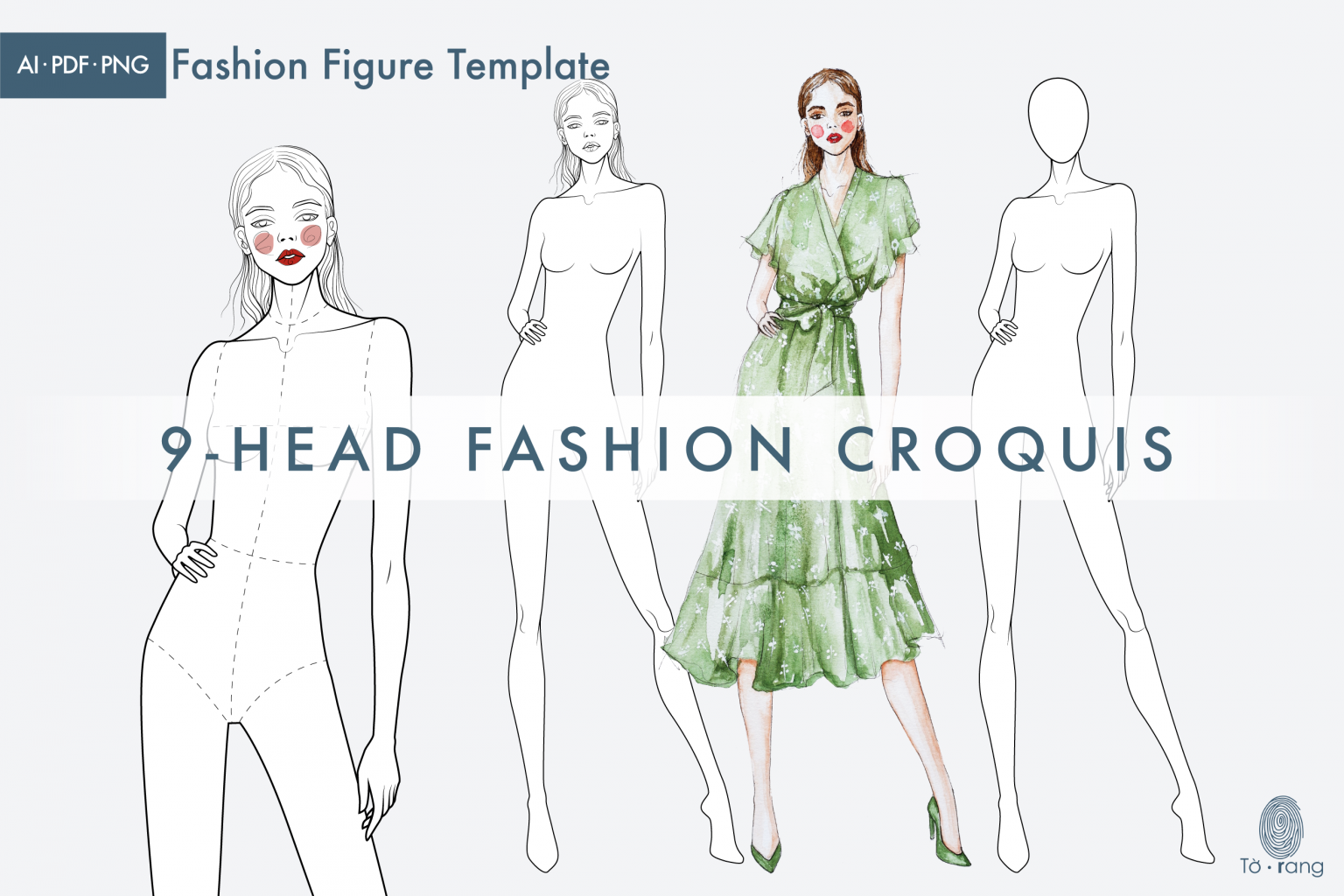 Female Fashion Croquis Template, 3 Different Colored Skin Tones, 9-Head ...