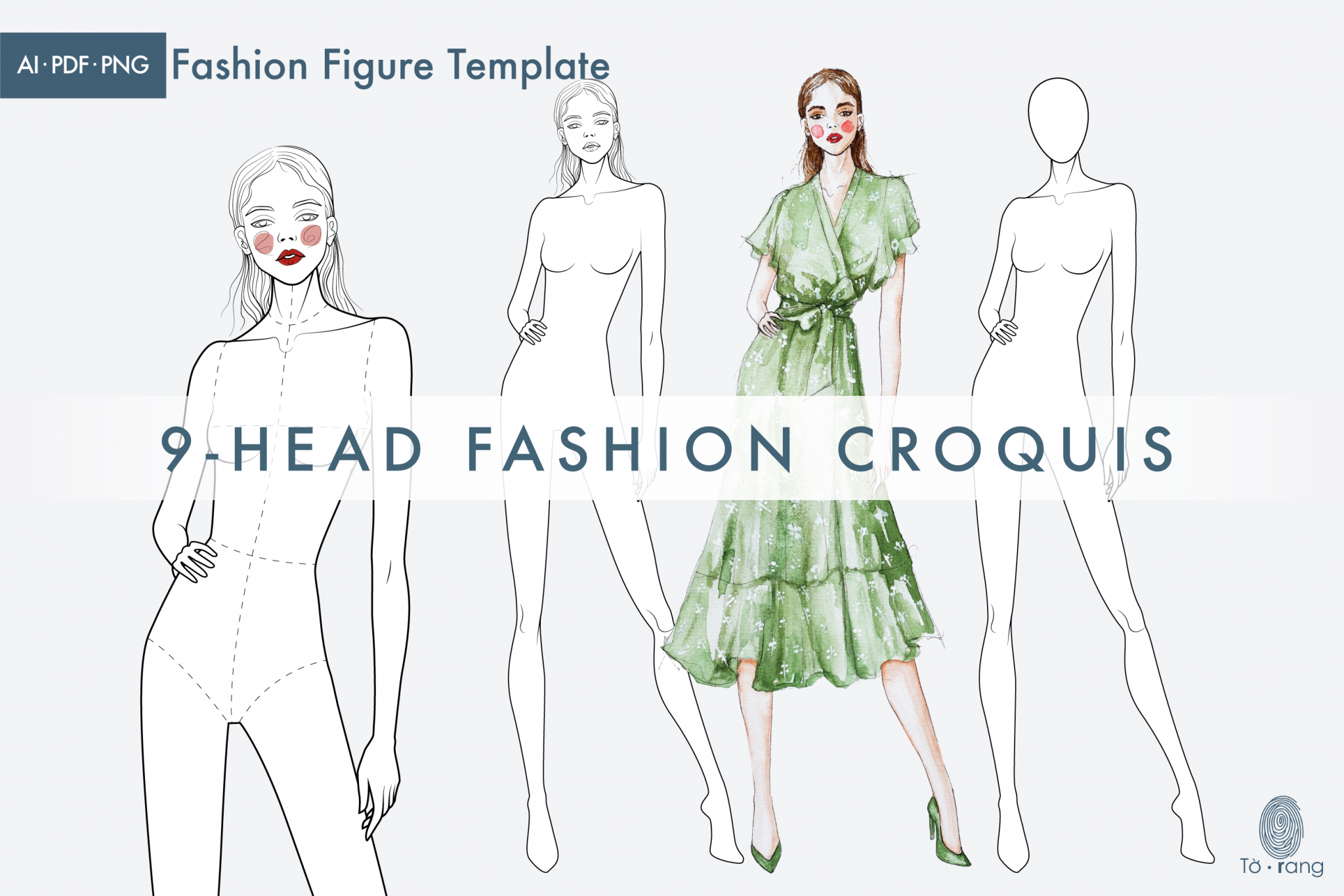 Female Fashion Croquis Template, 3 Different Colored Skin Tones, 9-Head ...