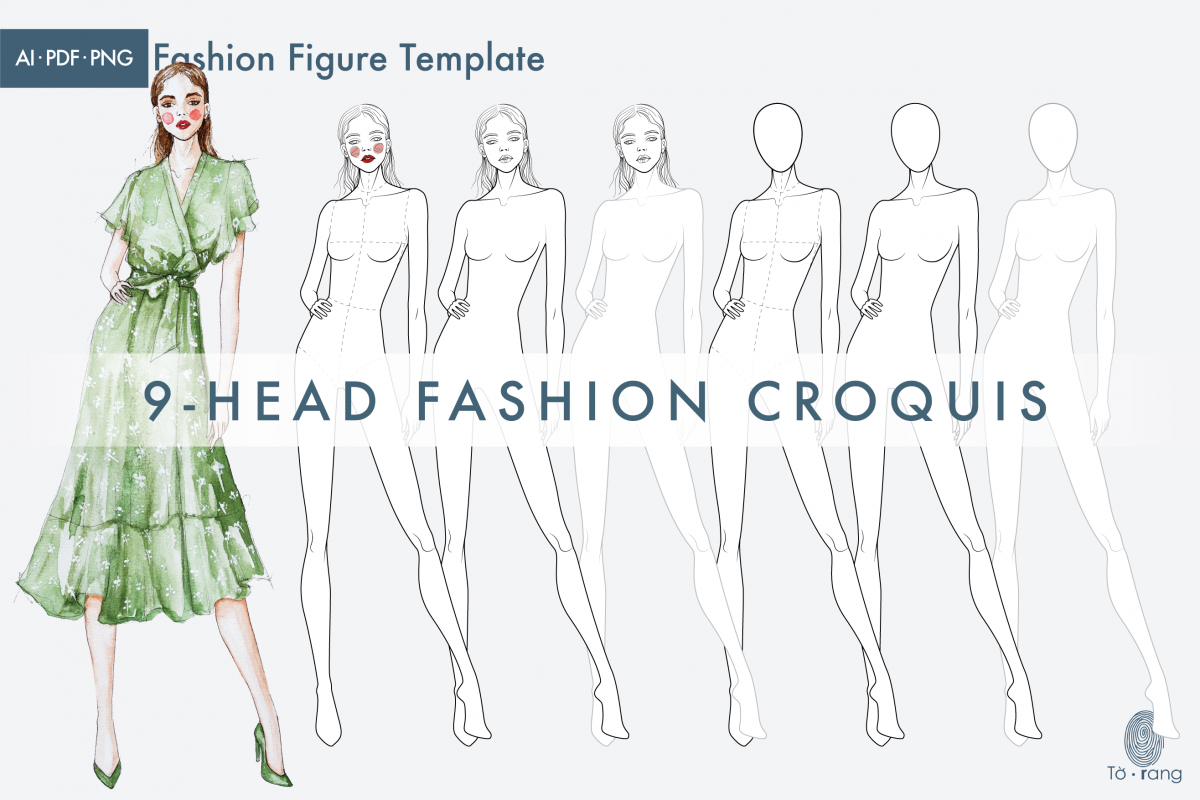 Female Fashion Illustration Croquis Template, 9-Head Fashion Pose ...