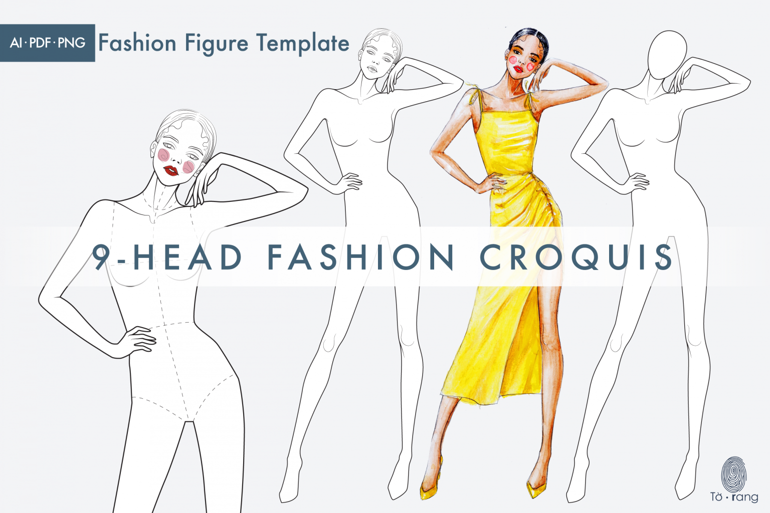 Female Fashion Croquis Templates, Front and Back, 3 Different Colored ...