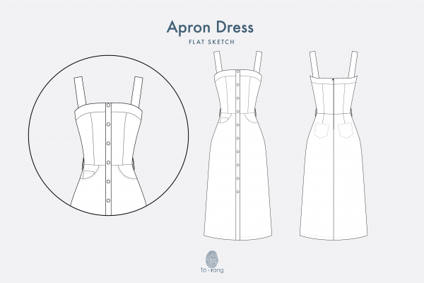 Button Up Apron Dress Flat Sketch Vector – Fashion Technical Drawing ...