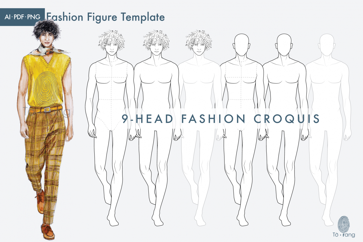 Male Fashion Figure Template, 9-Head Fashion Croquis, Catwalk Pose ...
