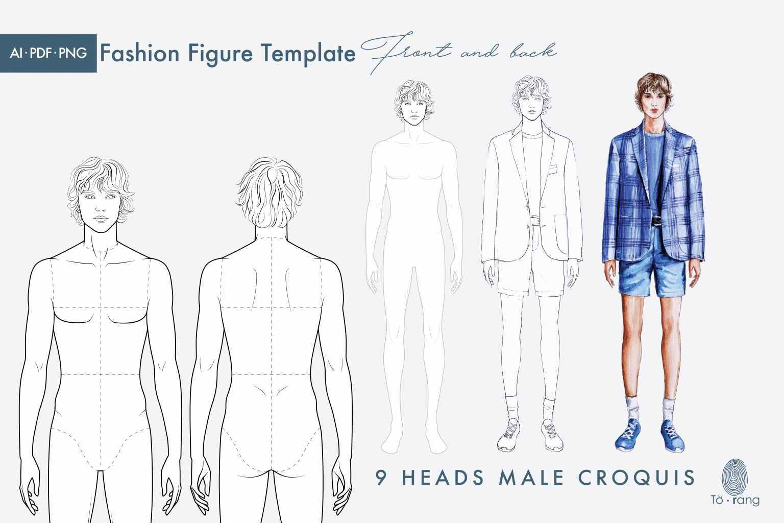 Male Fashion Figure Template 9 Heads - Catwalk Pose - Torang