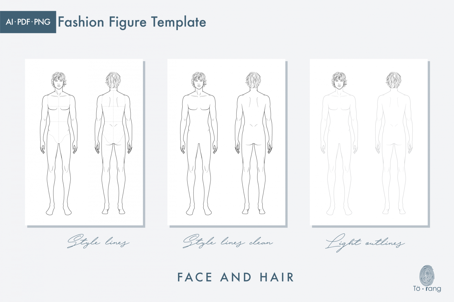 Male Fashion Figure Templates, 9 Head Fashion Croquis, Front and Back ...