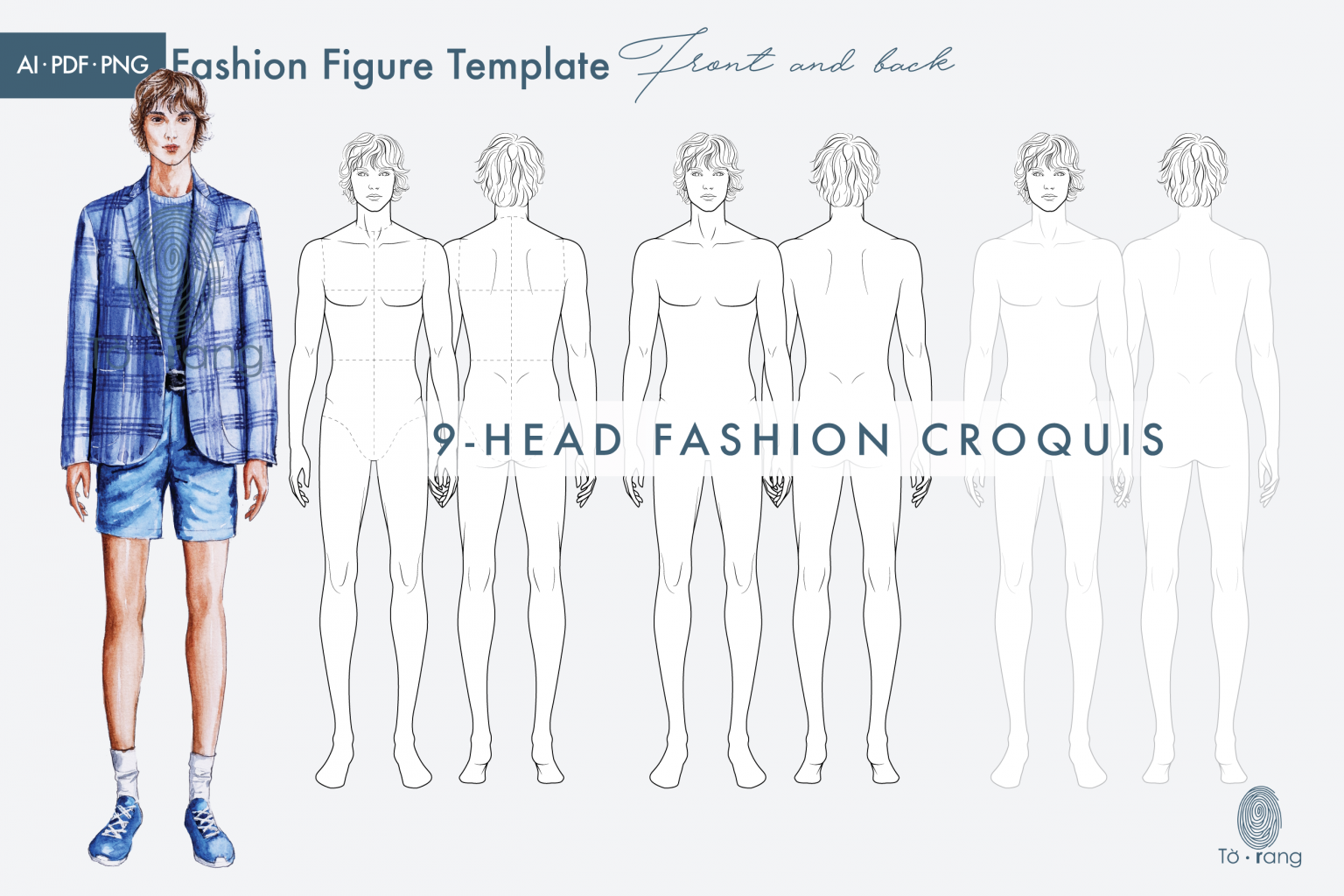 Male Fashion Figure Templates, 9 Head Fashion Croquis, Front and Back ...
