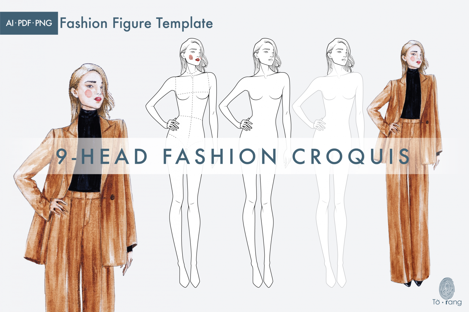 Female Fashion Croquis Template, 3 Different Colored Skin Tones, 9-Head ...