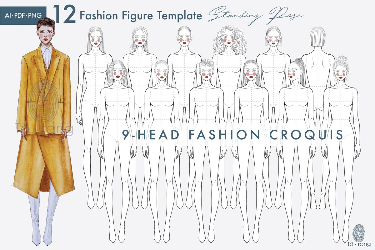 Female Fashion Croquis Template, 9-Head Fashion Figure, Sketch Fashion ...