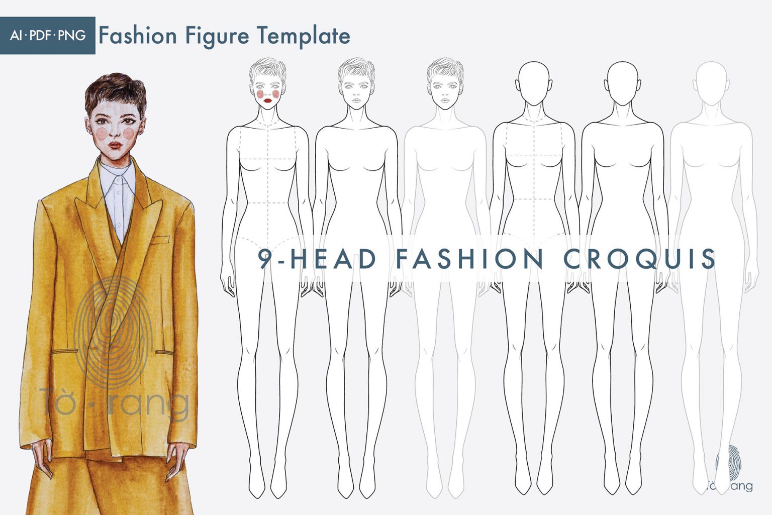 Female Fashion Figure Template, 9-Head Fashion Croquis, Croquis ...